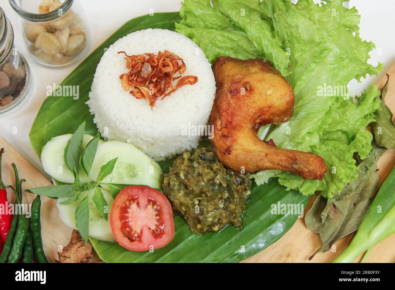 galangal fried chicken,rice,sambal,tomato,cucumber,basil,lettuce ...