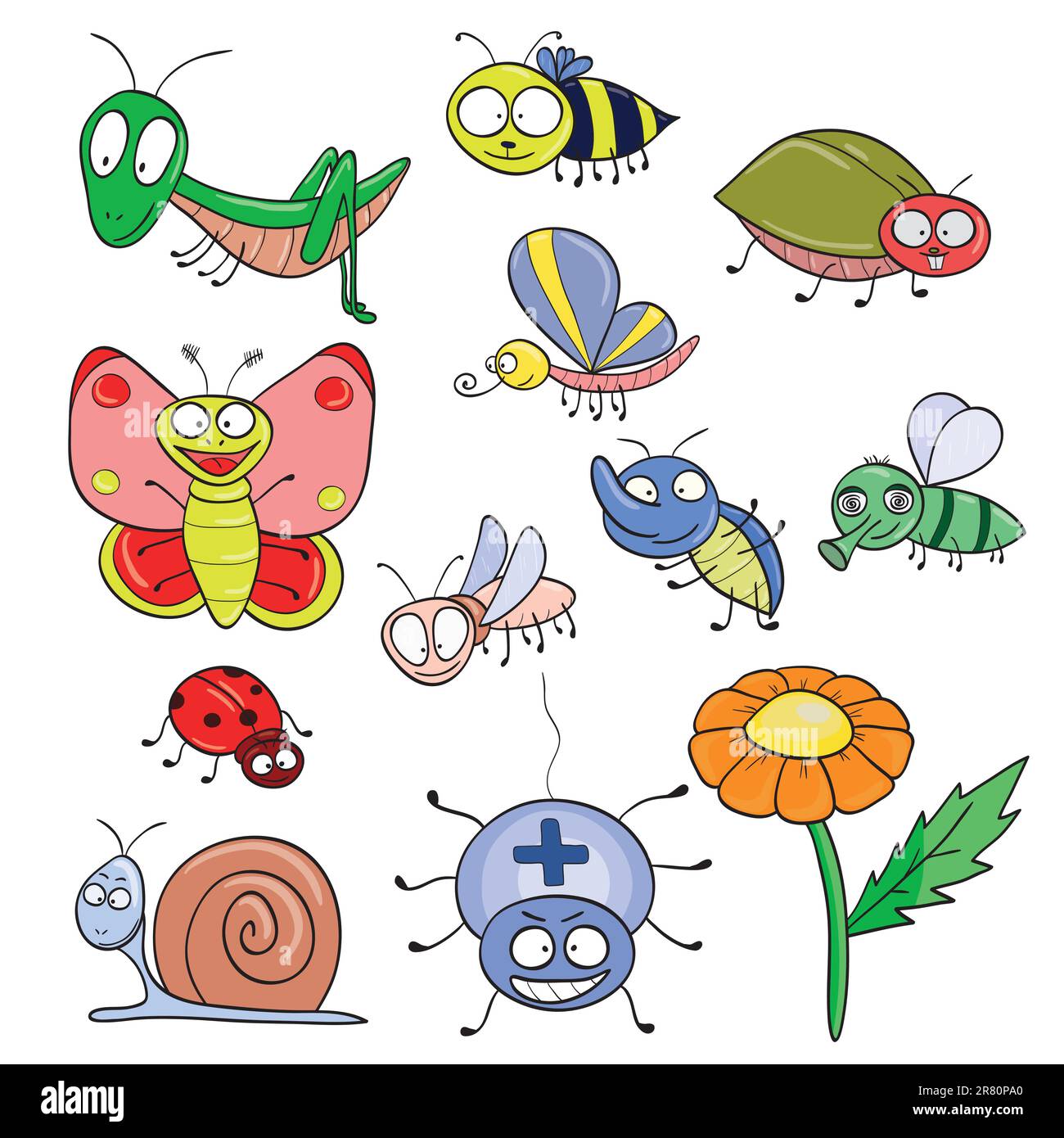 Cartoon hand-drawn cute insects set. Vector illustration Stock Vector ...