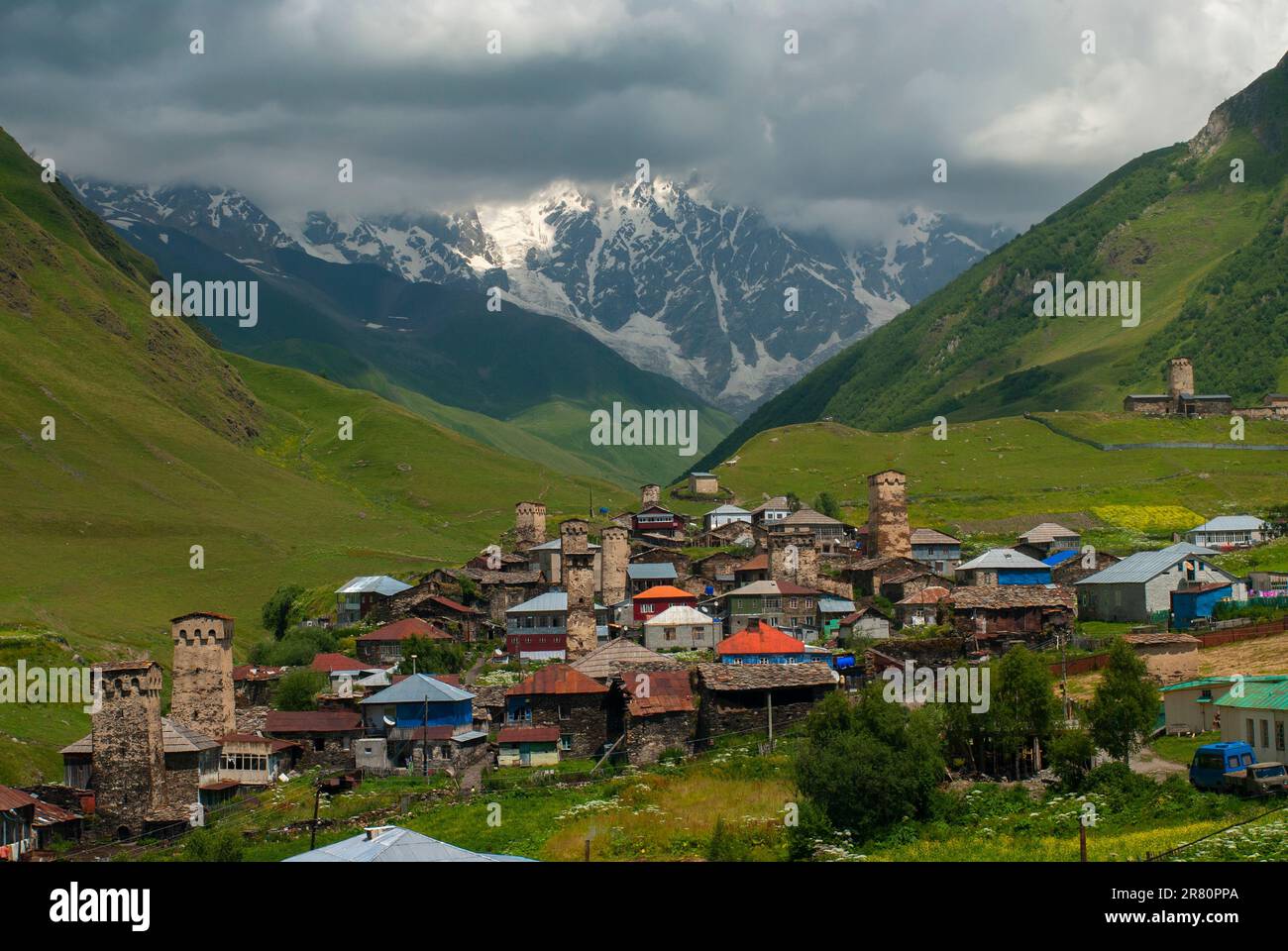 Landscape with village Ushguli in Upper Svaneti, Georgia. Defensive ...