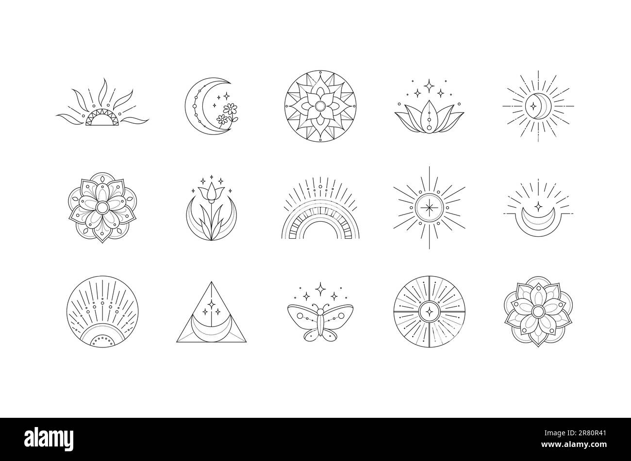 Linear bohemian logo set, boho icons - floral, mandala, sun, abstract ...
