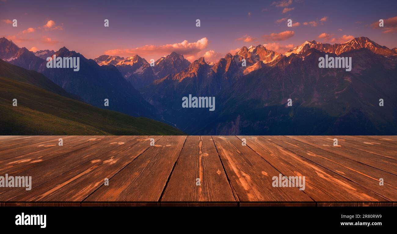 Beautiful mountains with empty wooden table. Natural template landscape ...
