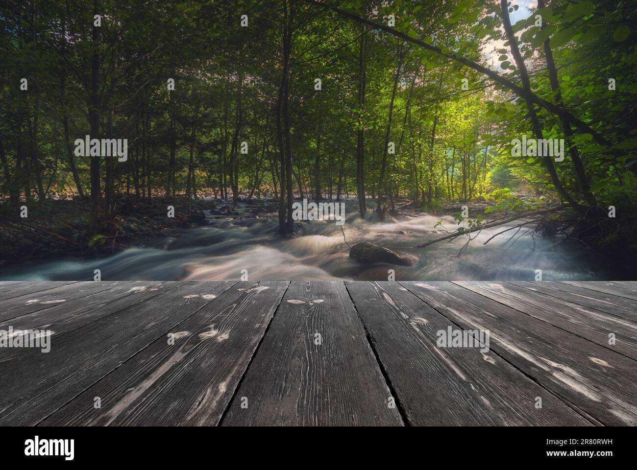 River Water Flow Between Forest Trees with empty wooden batten bridge ...