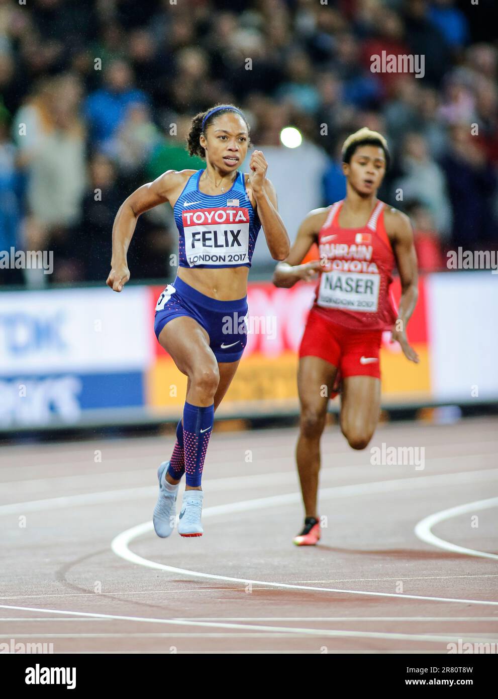Allyson Felix participating in the 400 meters at the World Athletics ...