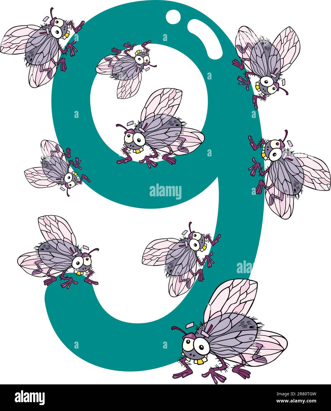 cartoon illustration with number nine and flies Stock Vector Image ...