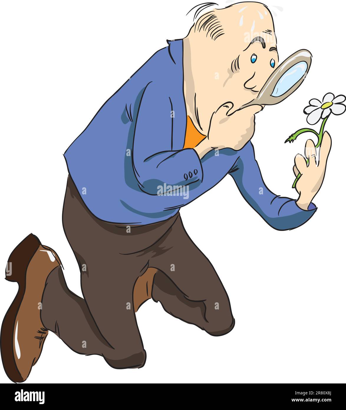 A scientist examines a daisy with a magnifying glass. Vector ...
