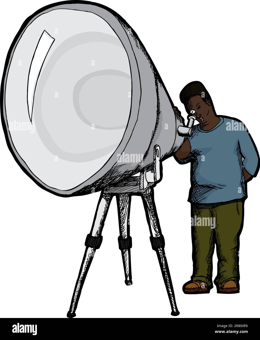 Surprised Black man looks through large telescope Stock Vector Image ...