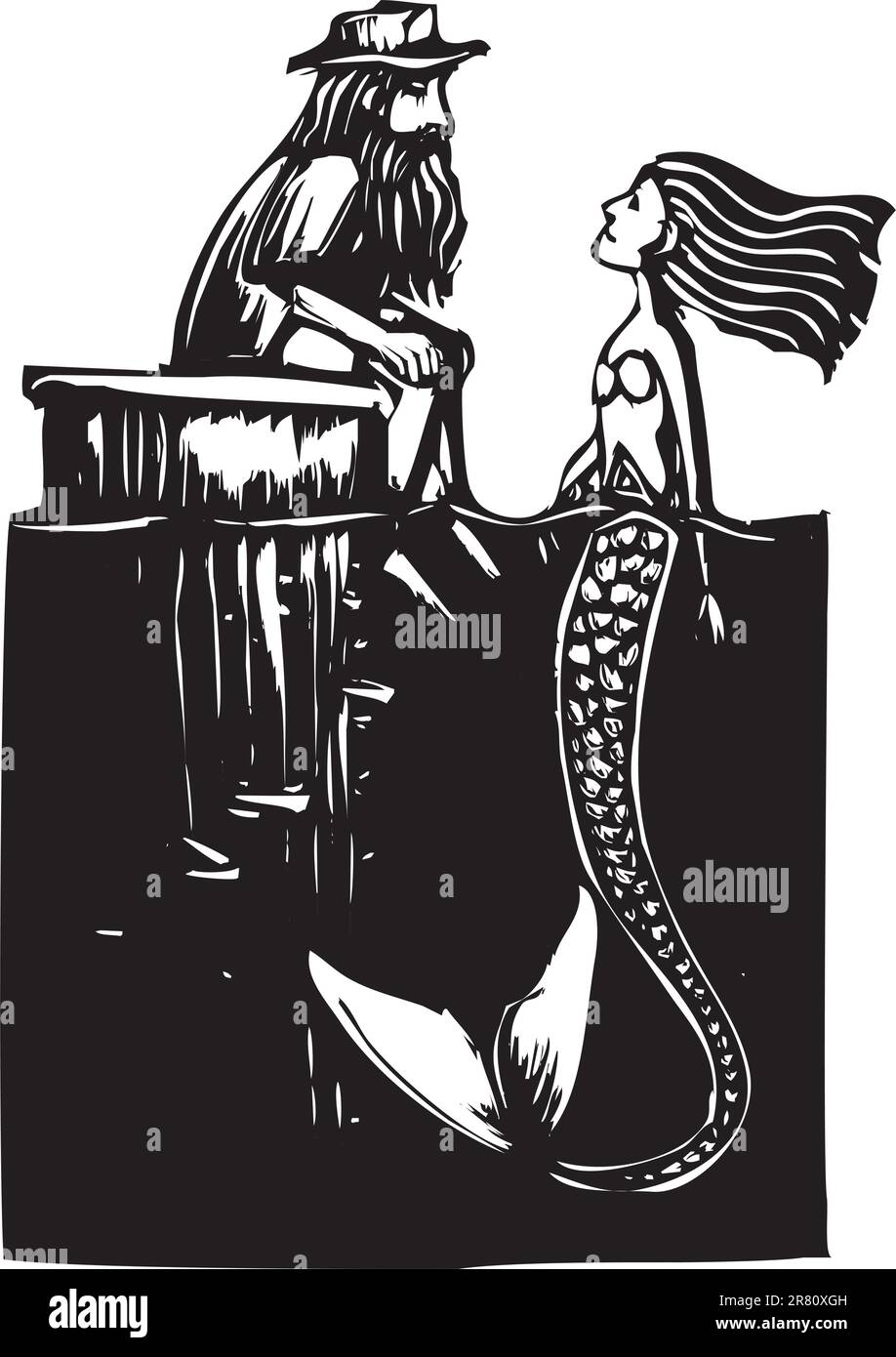 mermaid visits man sitting on a dock piling Stock Vector Image & Art ...