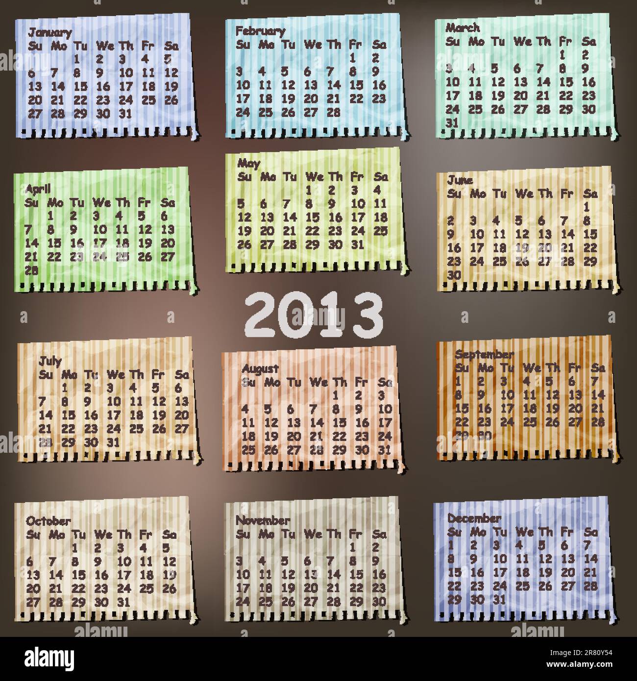 vector 2013 Calendar on vintage striped pieces of paper, months can be ...