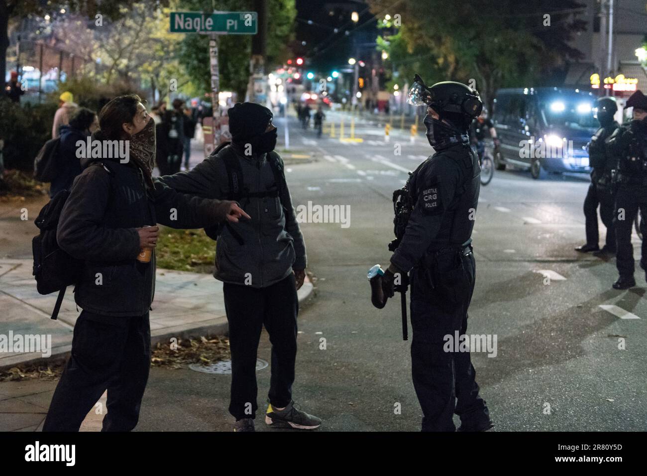 Seattle, USA. 7th Nov, 2020. Moments after a police car window was ...