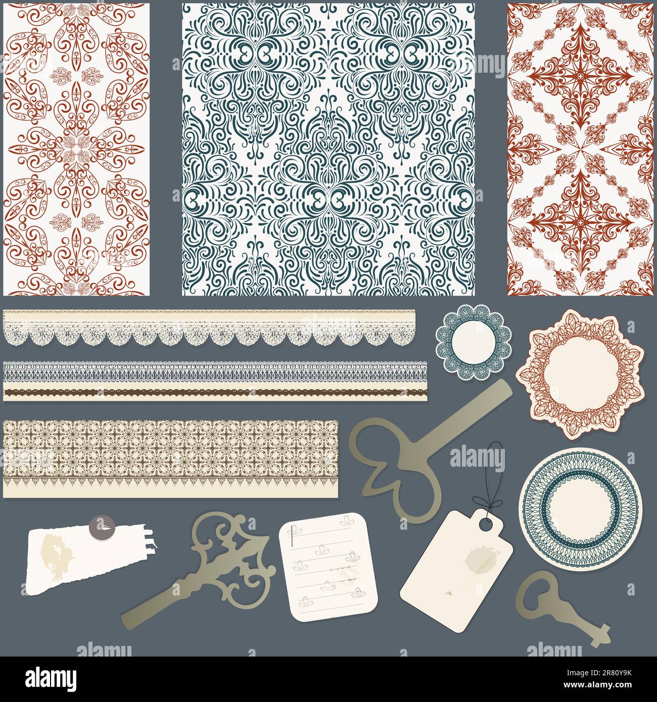 vector scrapbook design elements: three seamless patterns, ribbons ...