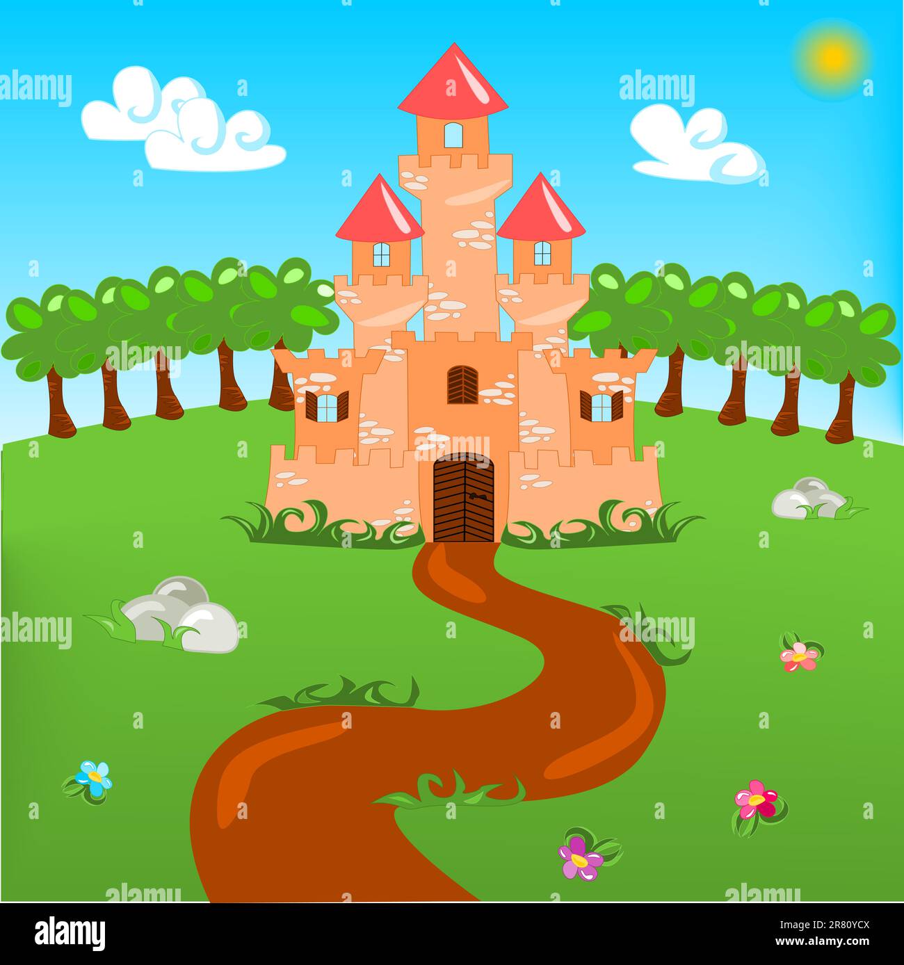 Cartoon illustration of castle with landscape Stock Vector Image & Art ...