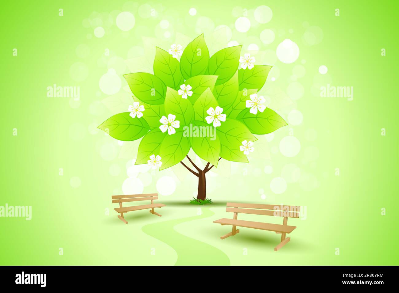 Abstract Green Tree Background with Flowers Benches and path for your ...