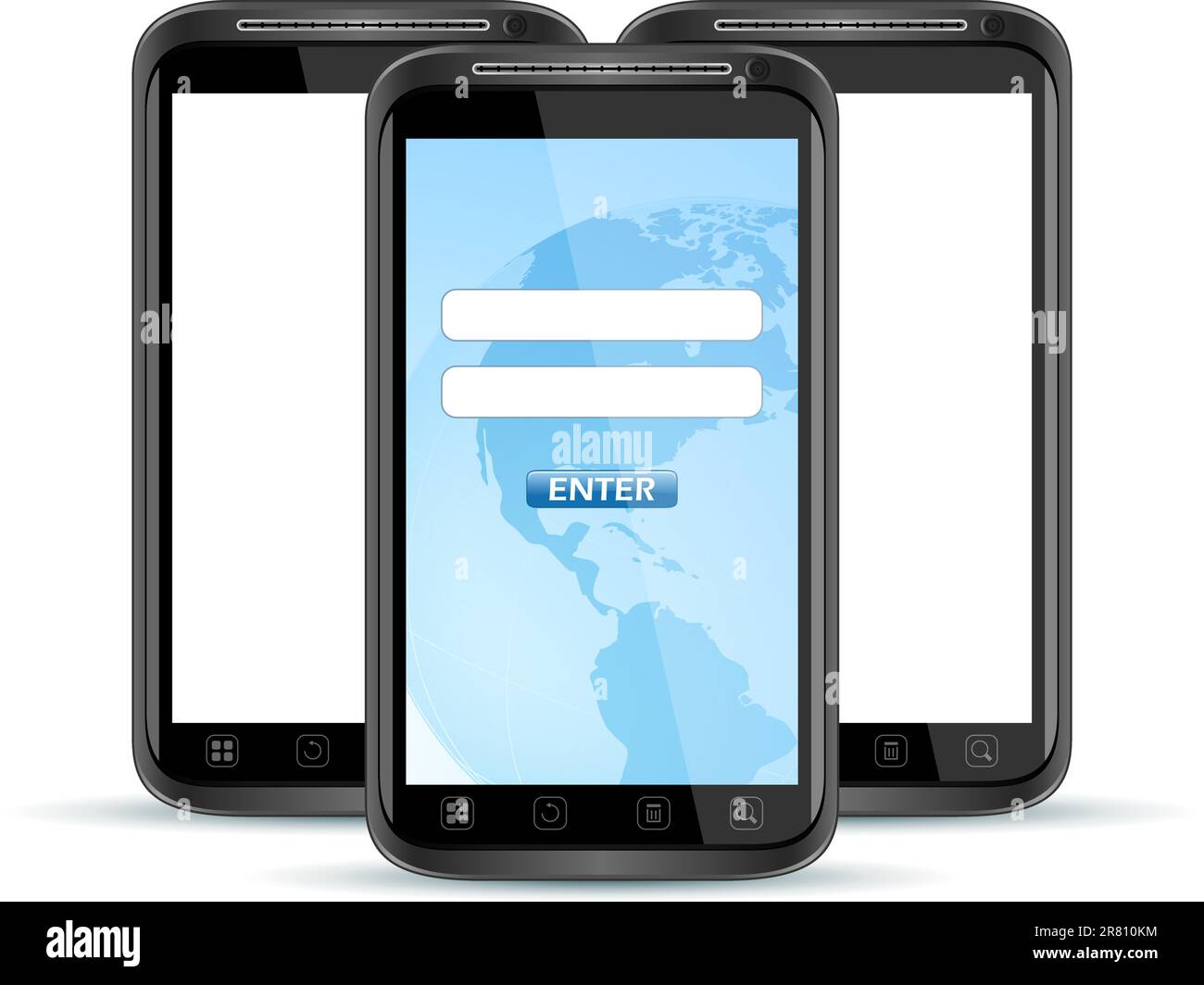 Three Touch Phones Isolated on White Background, login screen, empty ...