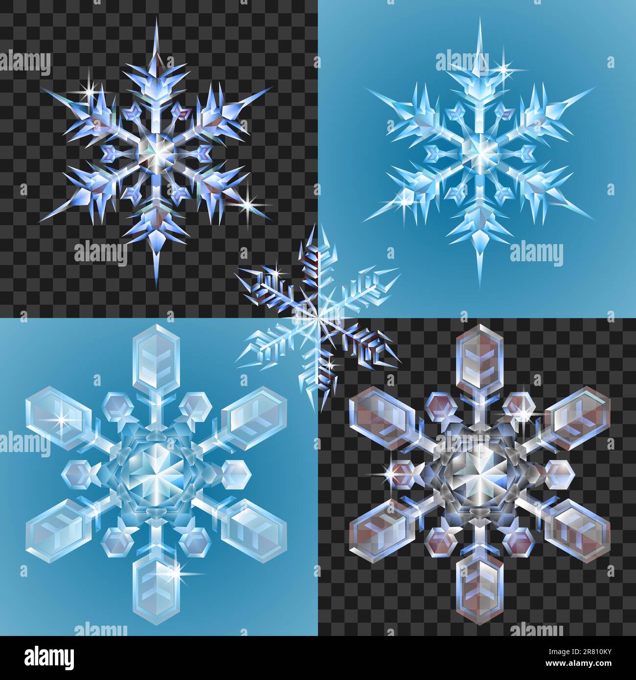 Series of transparent snowflake design elements shown on different ...