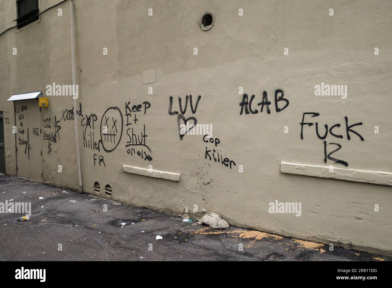 Seattle, USA. 23th Jan, 2023. Anti police person graffiti in an alley ...
