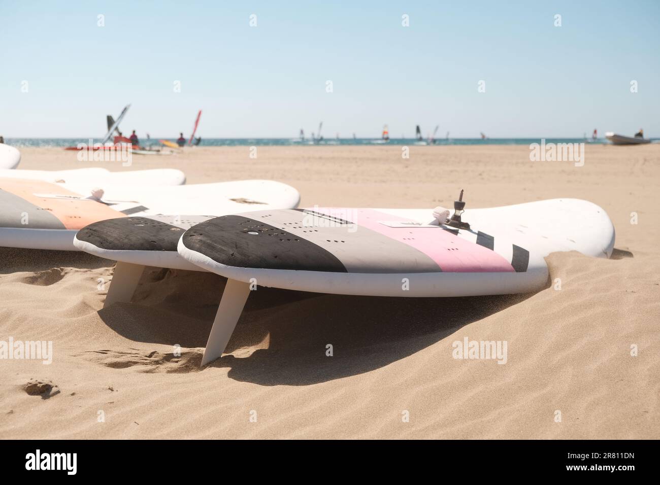 wind surfing board lies in the sand of prassonisi beach, RHODES ISLAND ...