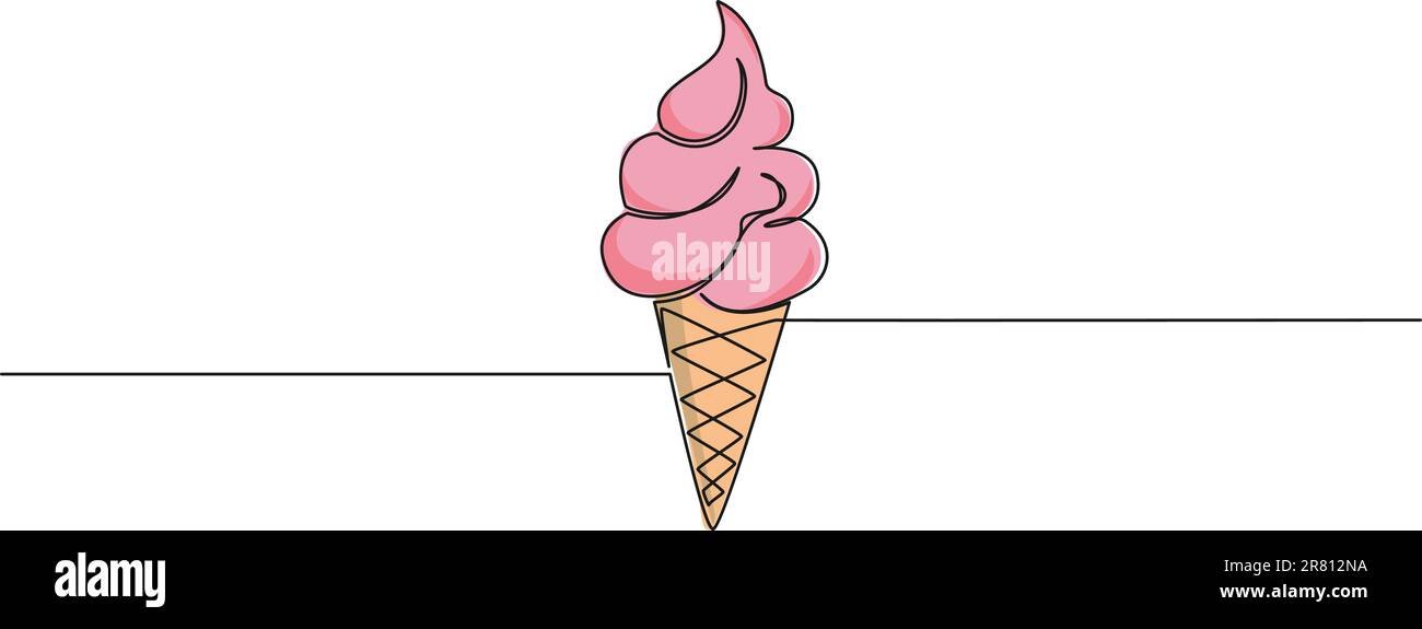 Colored Continuous Single Line Drawing Of Ice Cream Cone With Soft