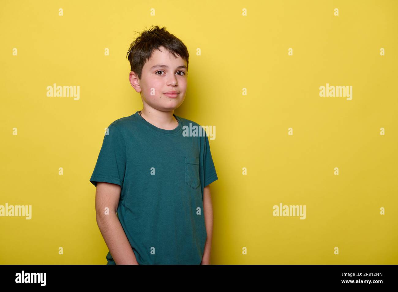 Handsome male teenager boy smiles looking at camera, standing on ...