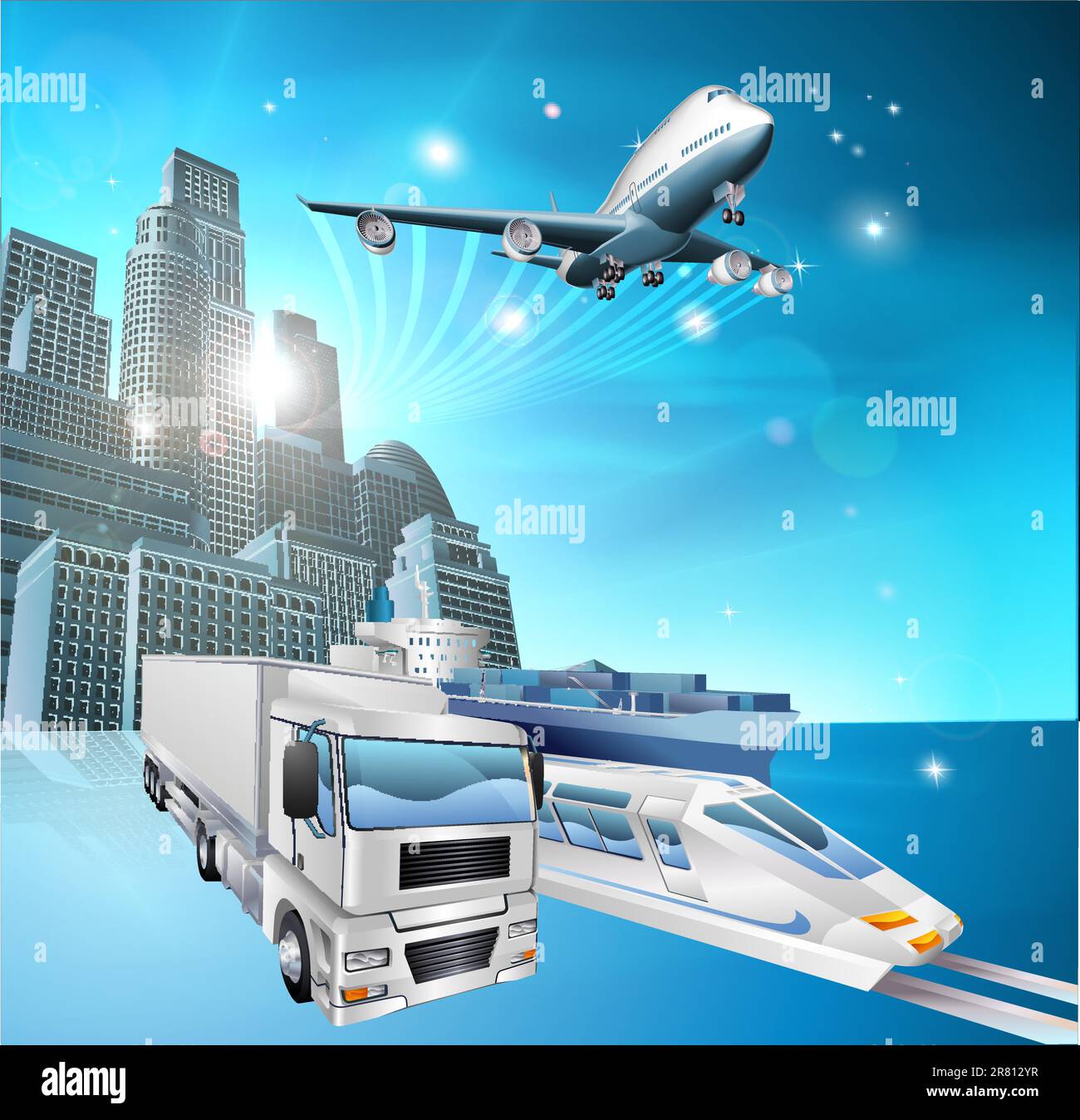 Illustration of transport vehicles and city with blue background ...