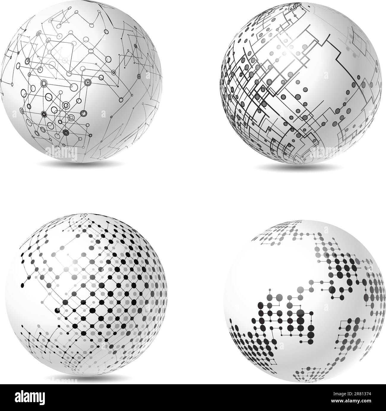 Collection of four spheres with abstract futuristic style designs Stock ...