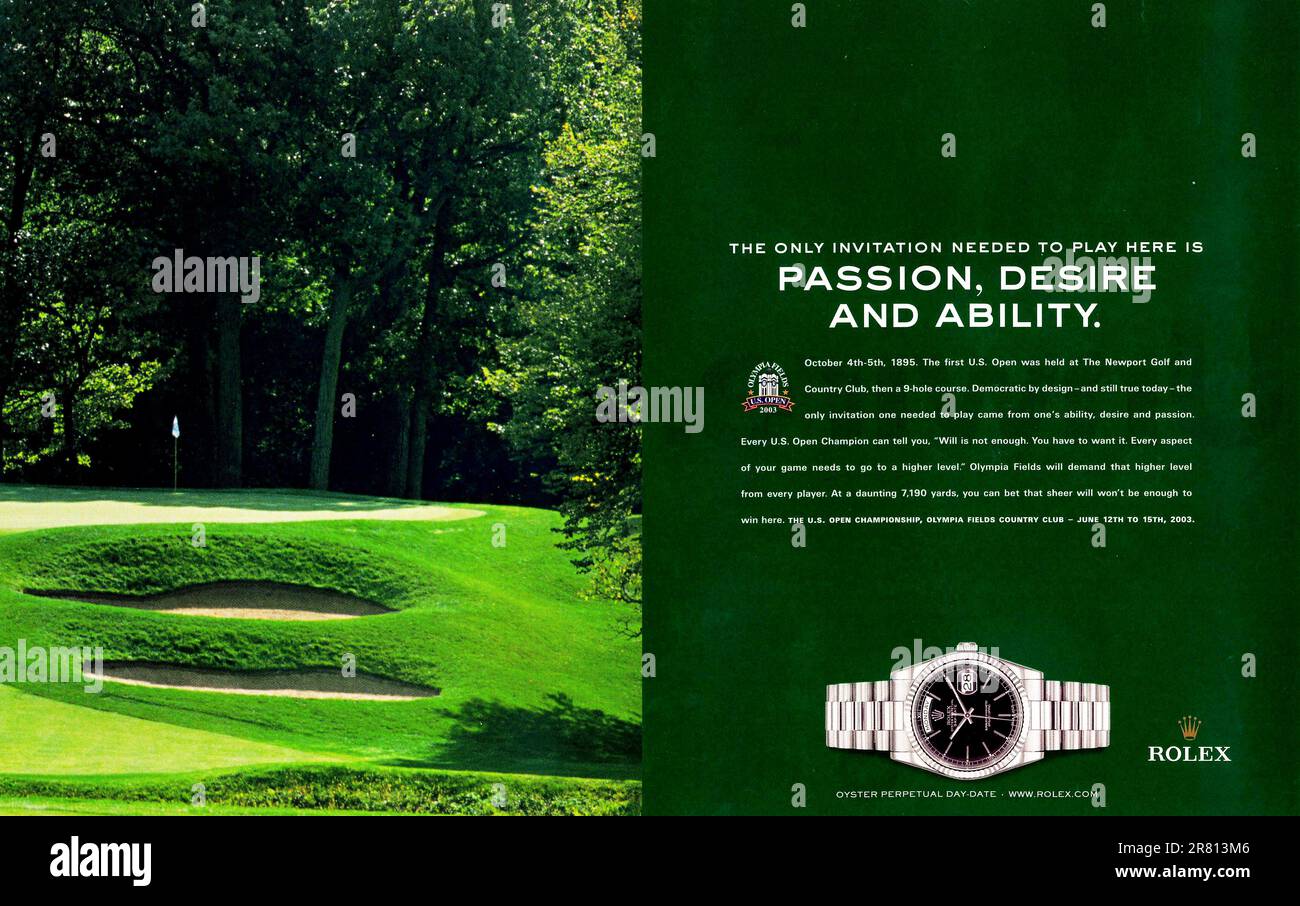2003 Rolex Oyster Perpetual Day-Date watch print ad. The US Open Golf ...