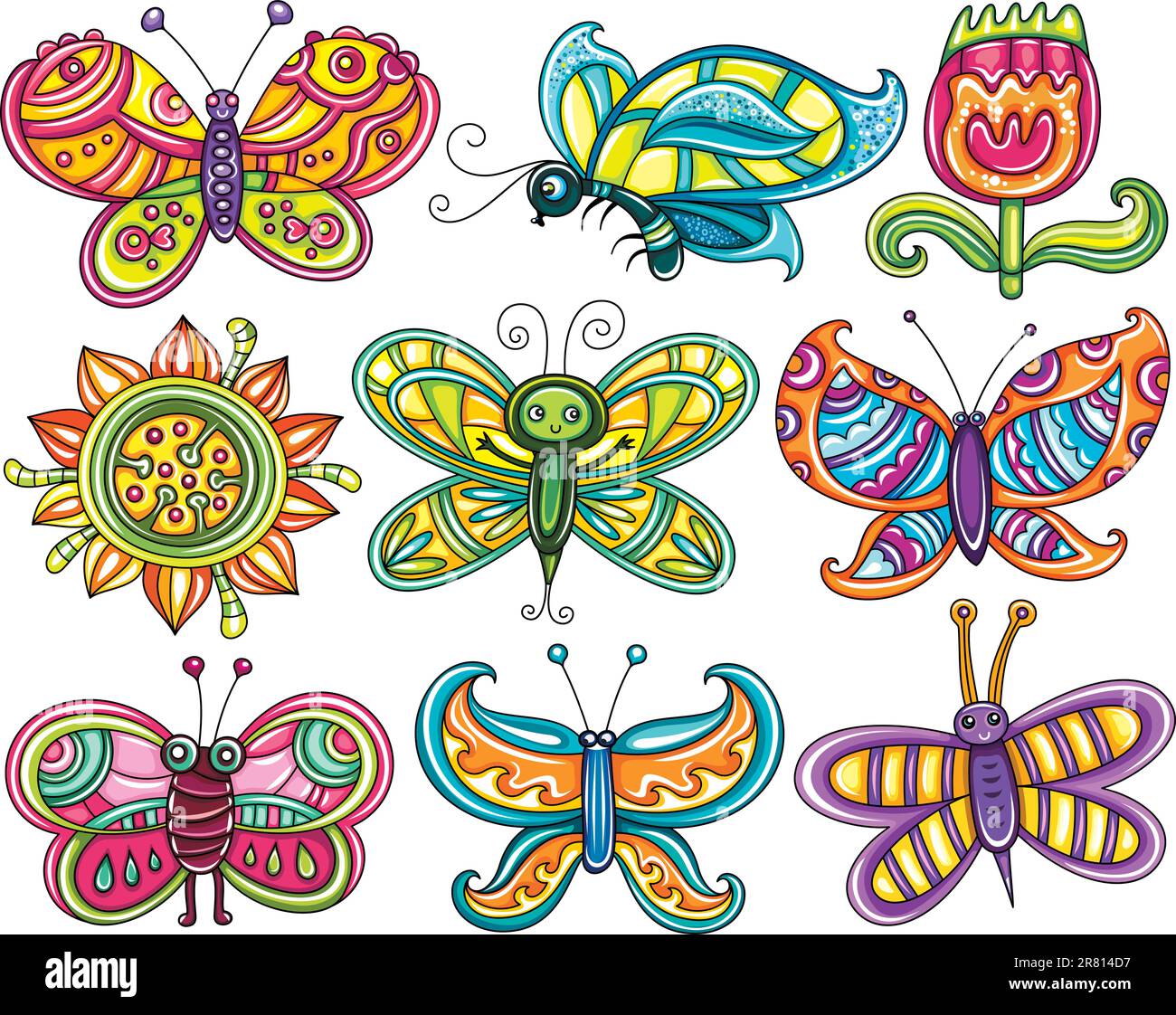 Butterfly icon set. Beautiful, cartoon, colorful butterflies with open ...