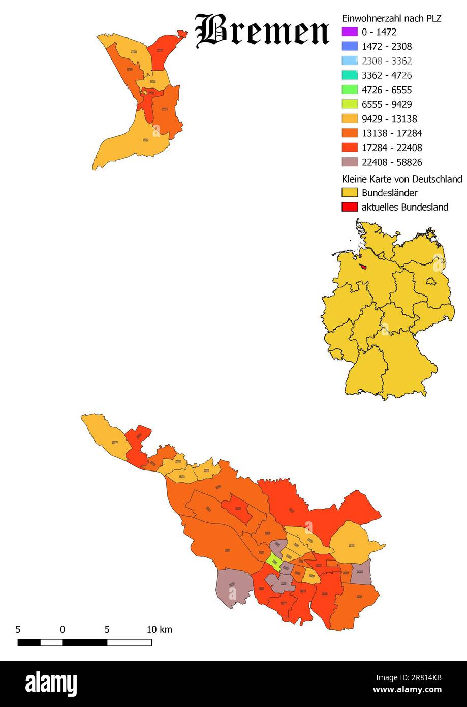 Federal state Bremen population by postal code map with Germany map ...