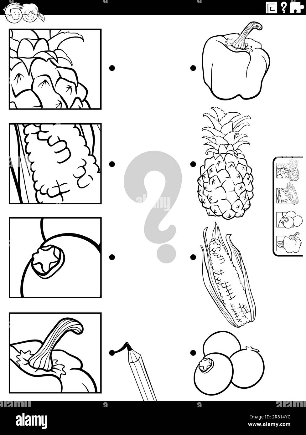 Black and white cartoon illustration of educational matching activity ...