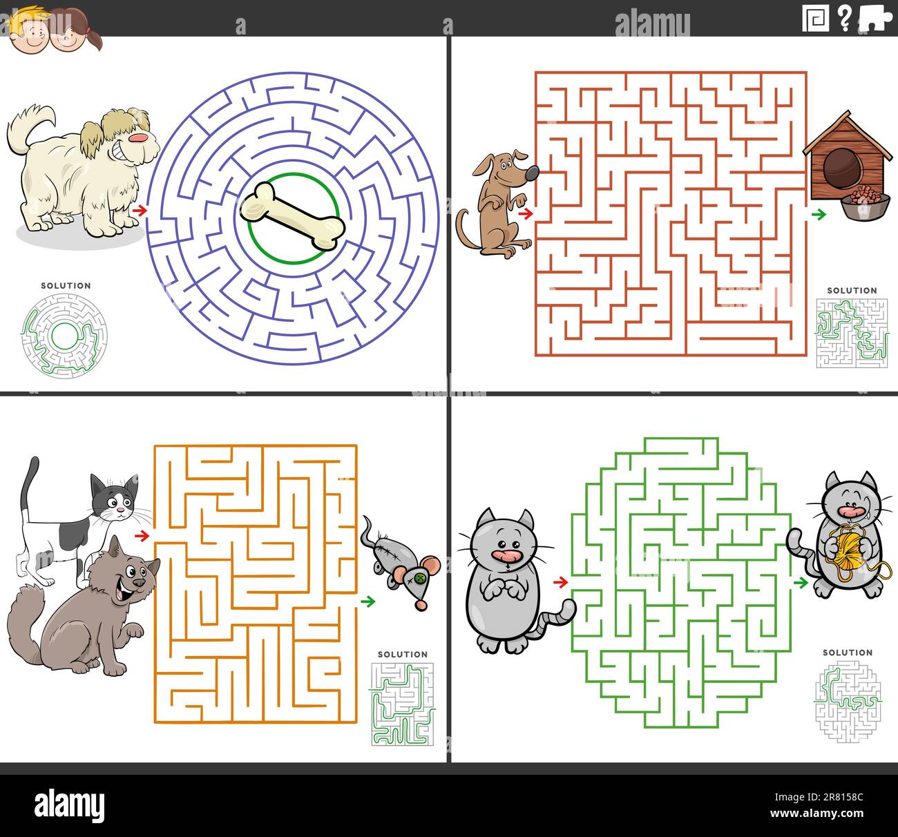 Cartoon illustration of educational maze puzzle games set with cats and ...