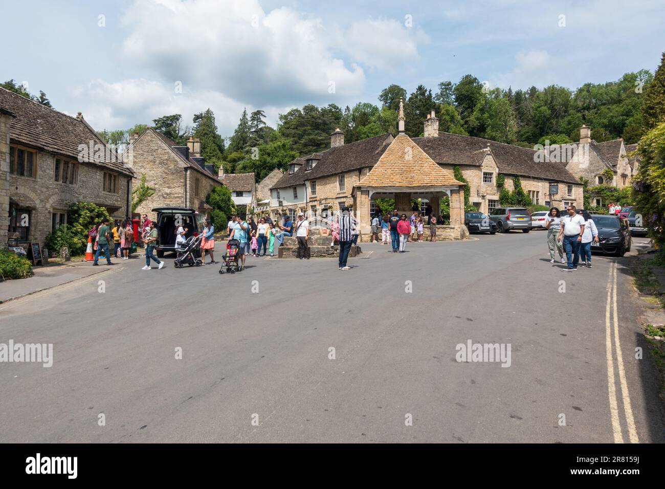 Visitors filled up Castle Combe village road on Bank holiday Stock ...