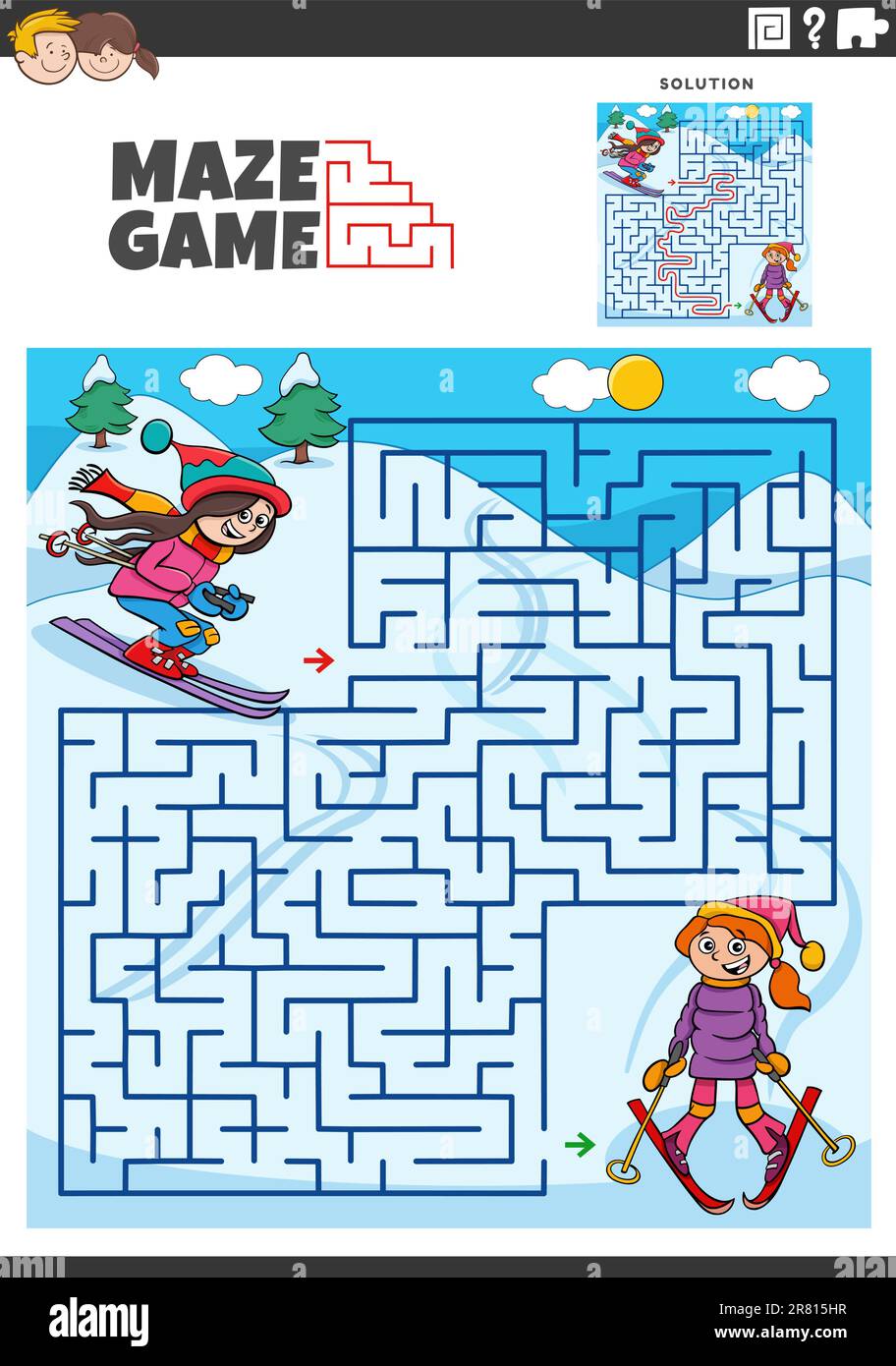 Cartoon illustration of educational maze puzzle activity with girls ...
