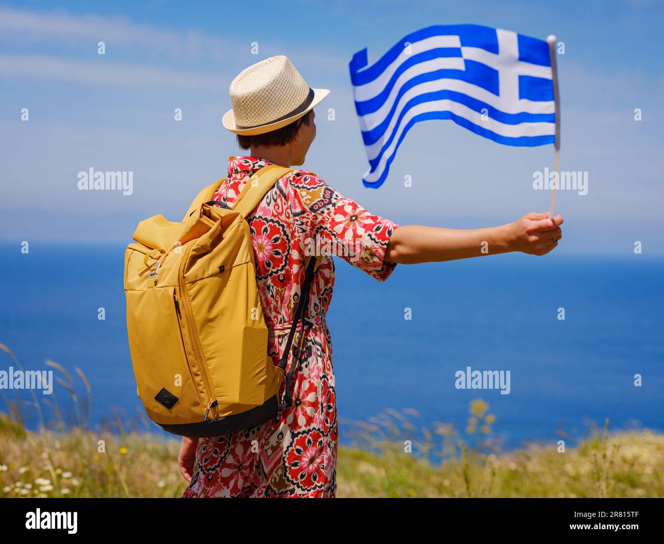 summer trip to Rhodes , Greece. Young Asian woman in ethnic red dress ...