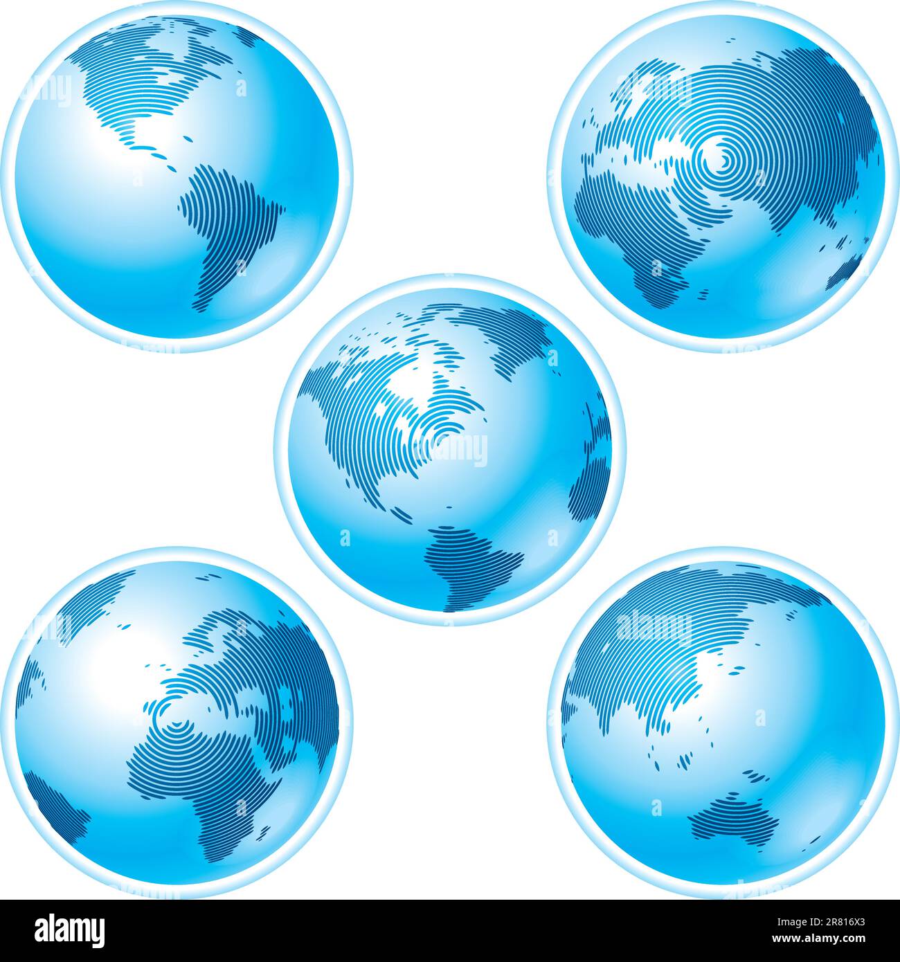 Set Of Five Globes On White Background Circular Stripes Vector