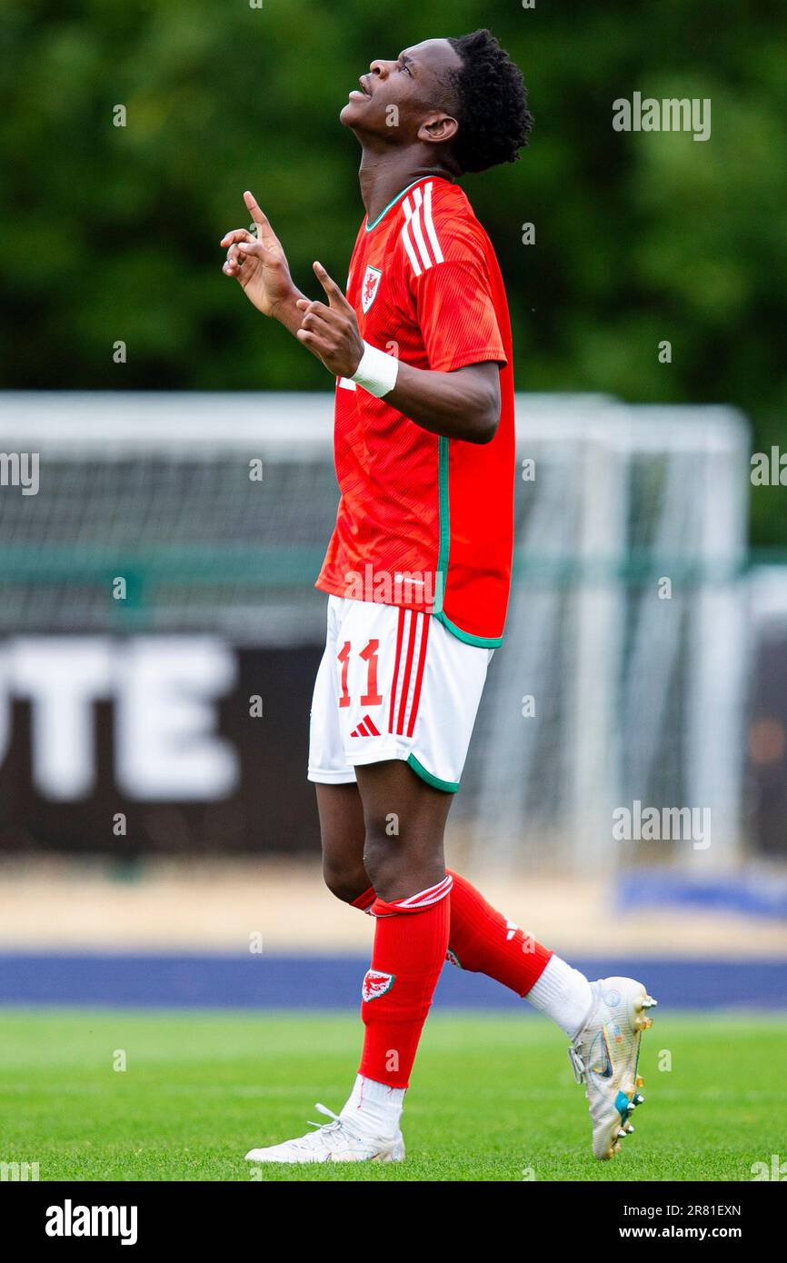 Cardiff, UK. 18th June, 2023. Japhet Matondo of Wales celebrates ...