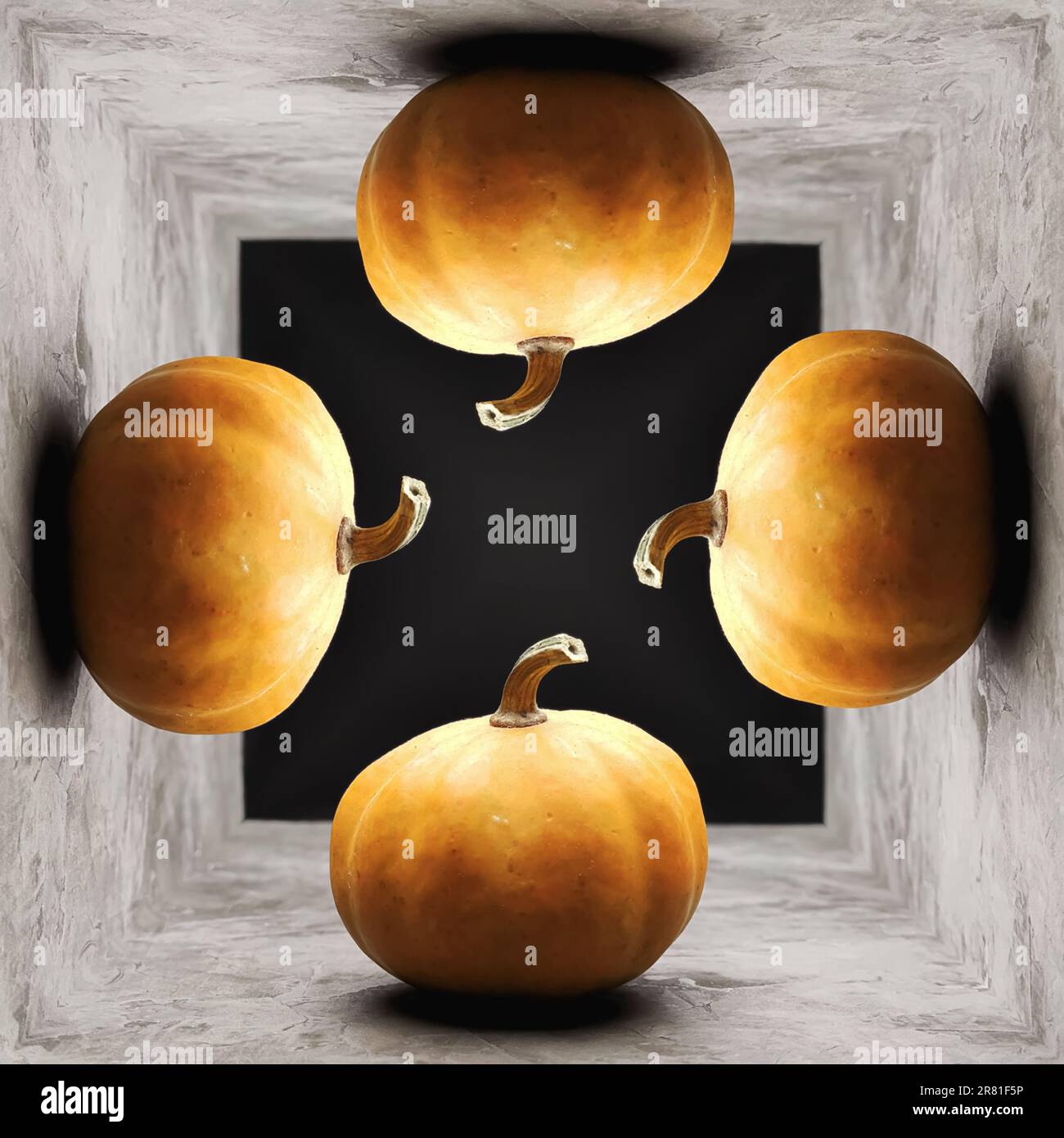 Surrealism, abstract pumpkin for halloween. 4 Pumpkins in a concrete ...