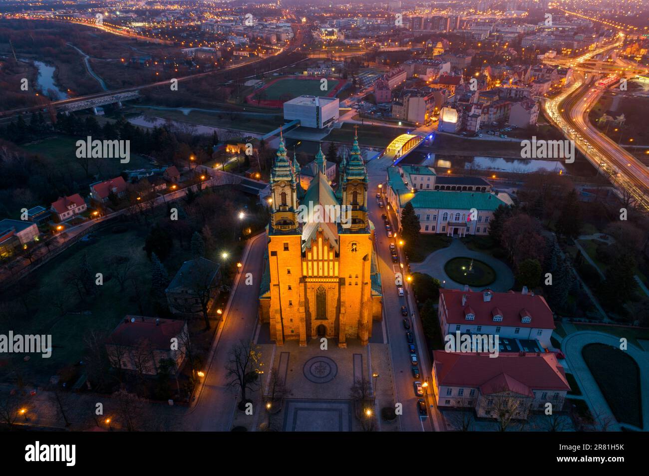 Aerial view of Poznań Cathedral at night - Archcathedral Basilica of St ...