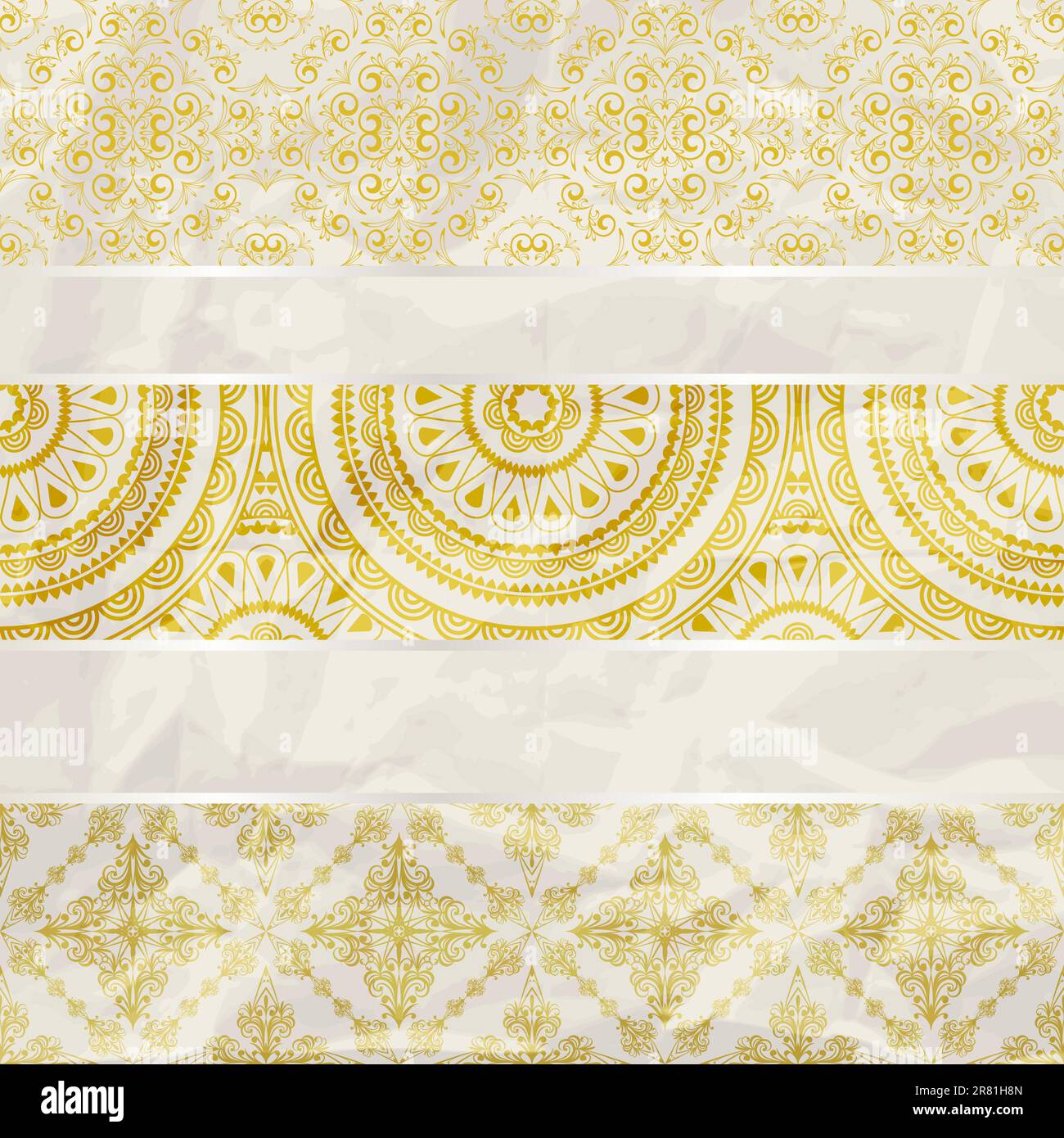 vector seamless floral borders on crumpled golden foil paper texture ...