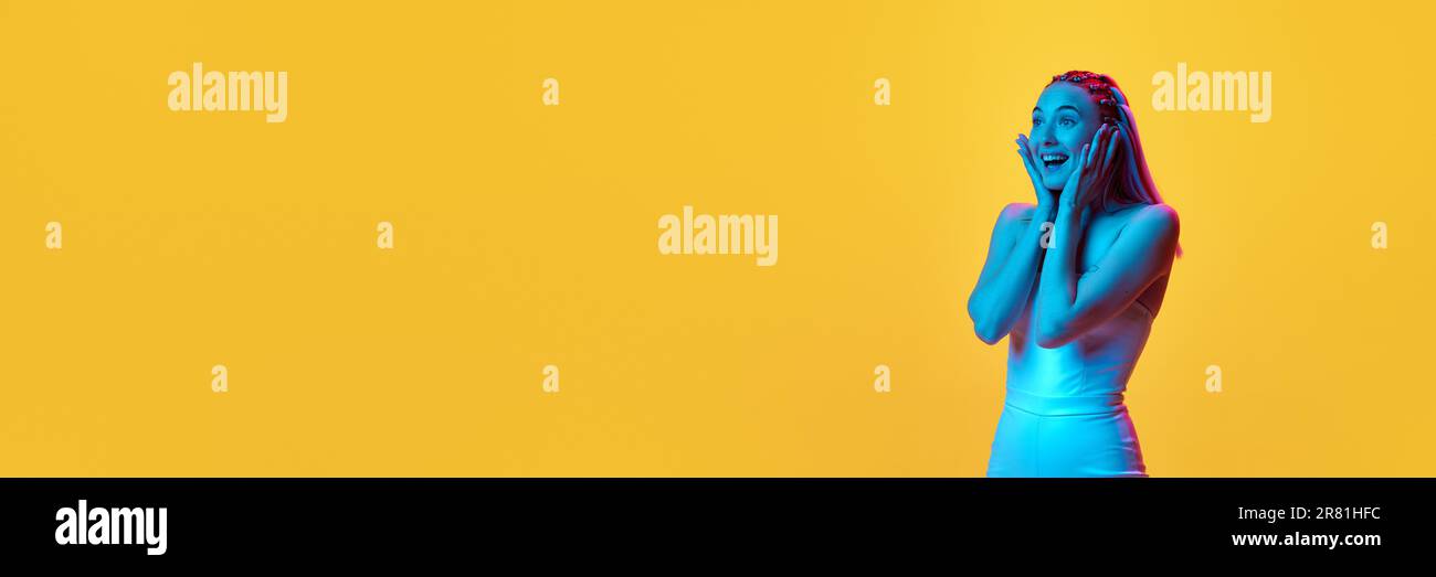 Portrait of extremely happy, positive and delightful young woman ...