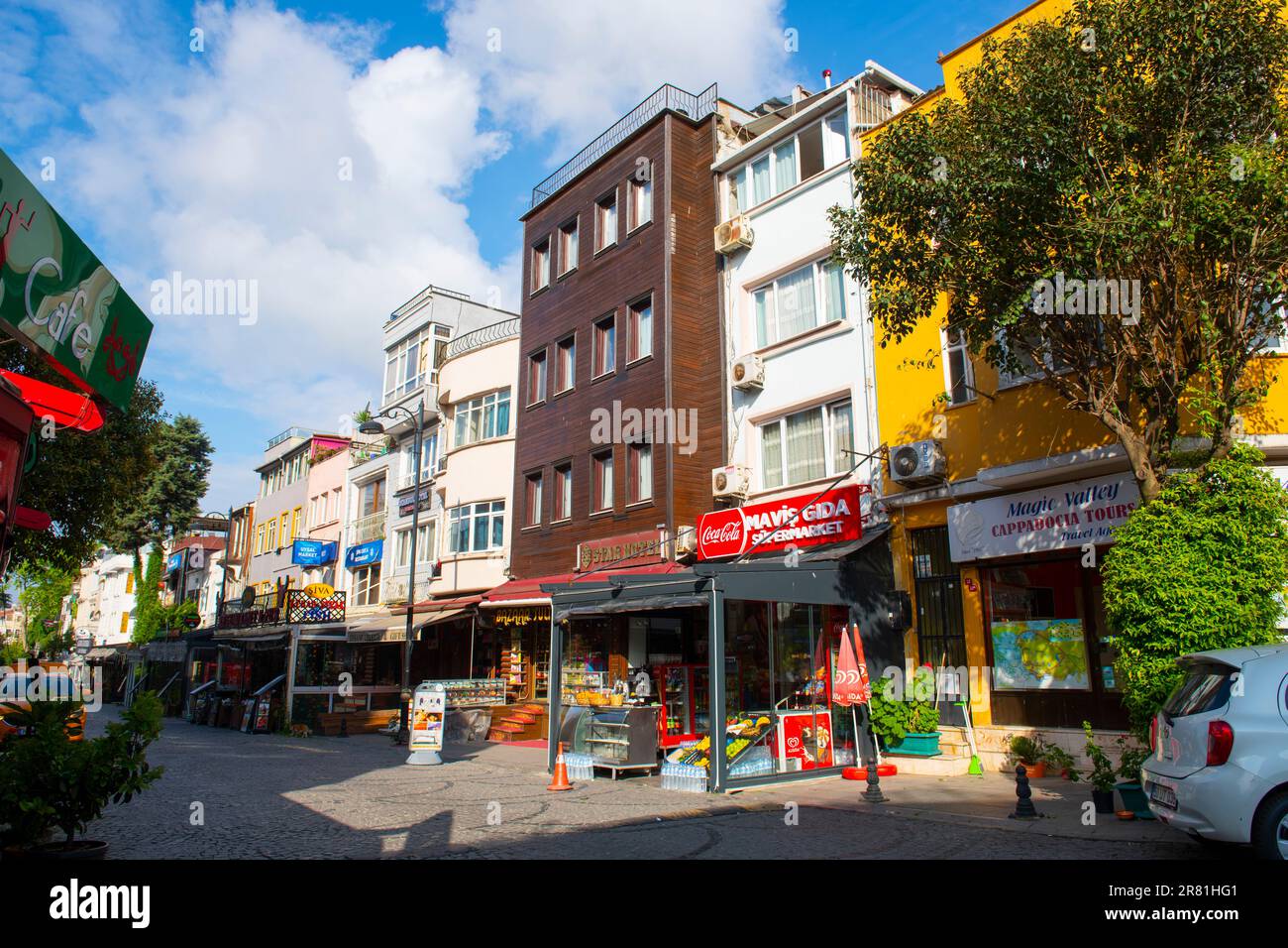 Historic commercial buildings on Akbiyik Caddesi Street in Sultanahmet ...