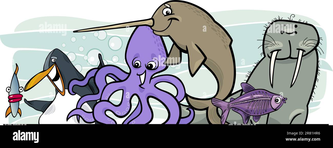 Cartoon illustration of Sea Life Animals header design Stock Vector ...
