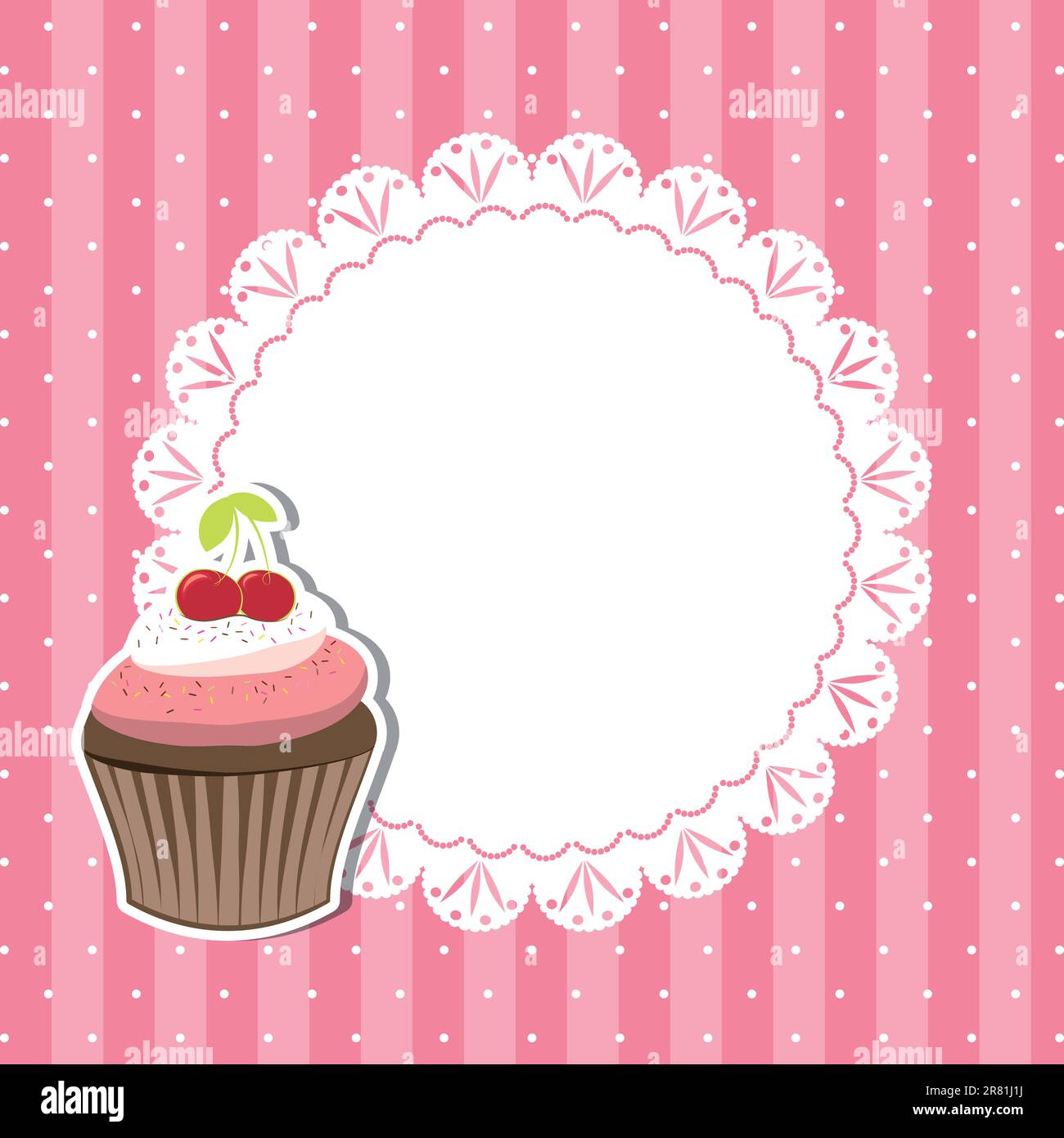 Cherry cupcake invitation card on seamless pattern background Stock ...