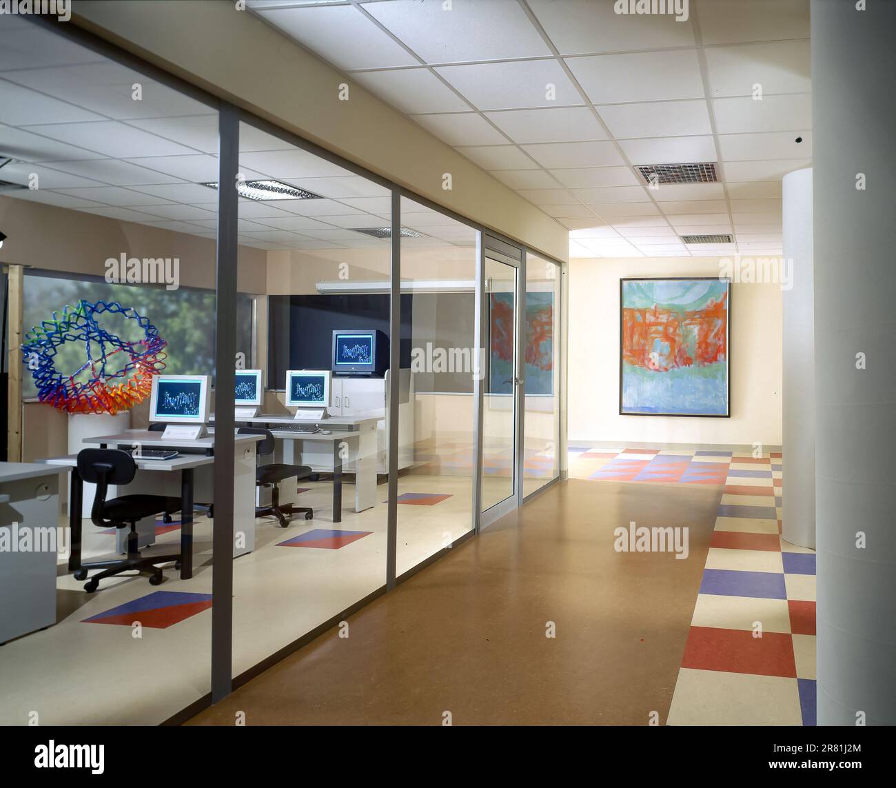 Architectural interior school room, hallway, Computer class, desks ...