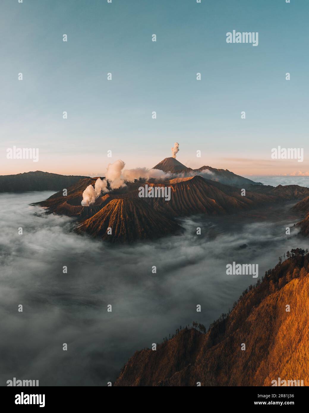 Aerial drone view of Bromo crater Mountain, East Java, Indonesia. man ...