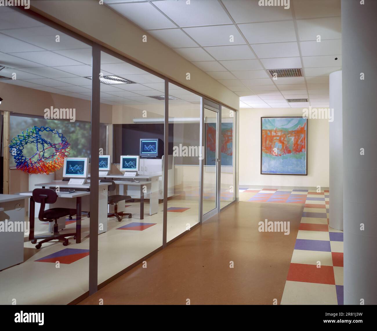 Architectural interior school room, hallway, Computer class, desks ...