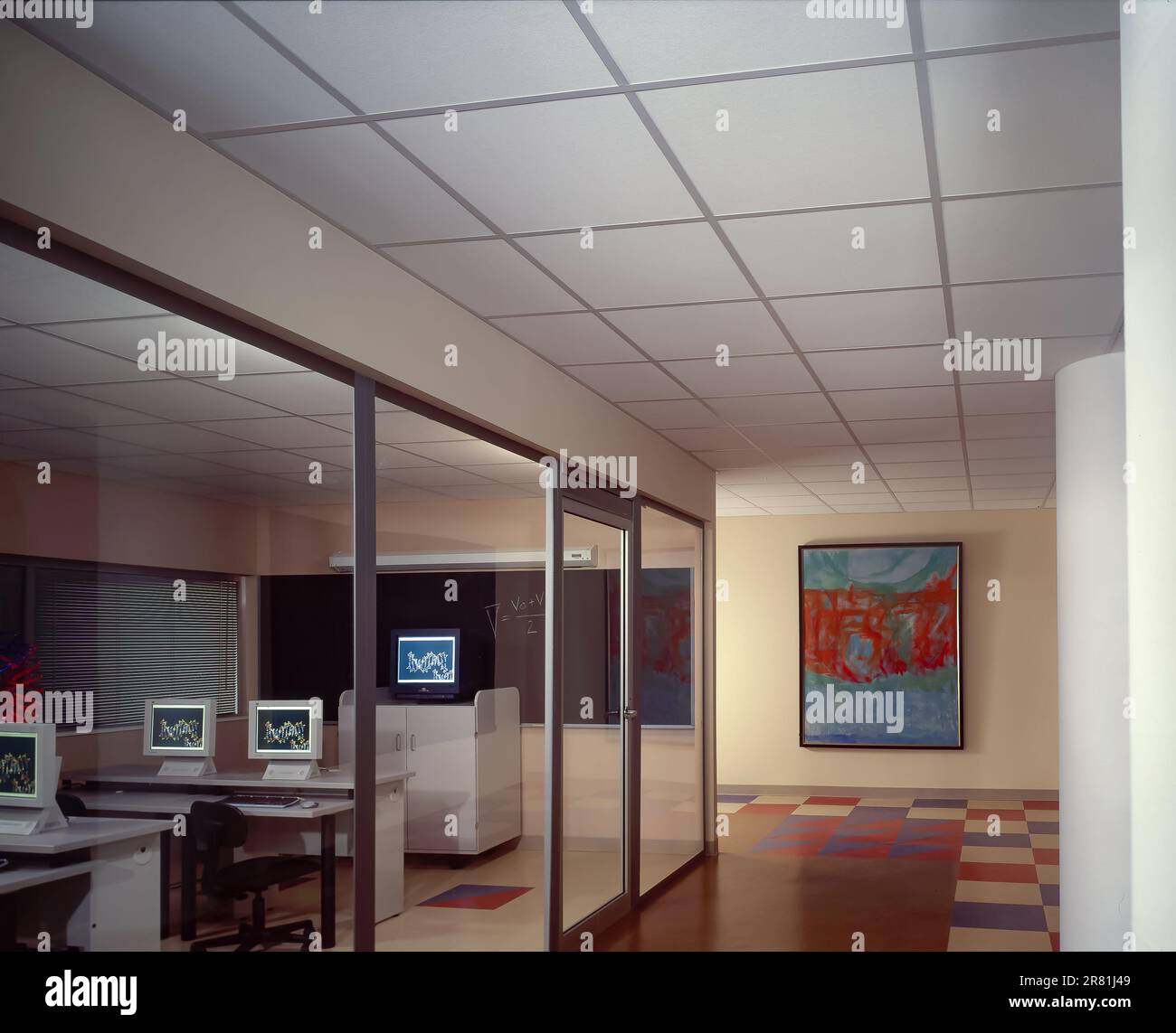 Architectural interior school room, hallway, Computer class, desks ...