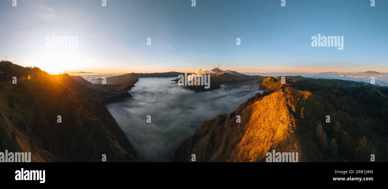 Aerial drone view of Bromo crater Mountain, East Java, Indonesia. man ...