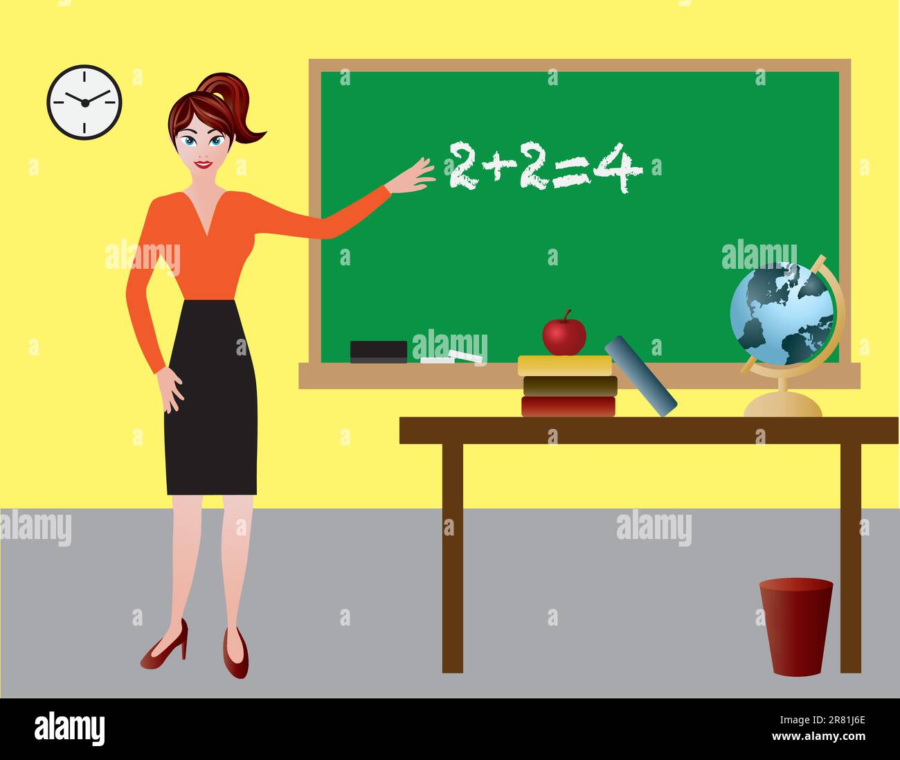 Female Teacher in Classroom with Chalkboard Desk Apple Books and Globe ...