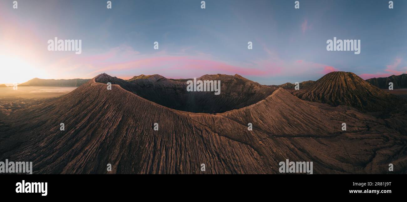 Aerial drone view of Bromo crater Mountain, East Java, Indonesia. man ...