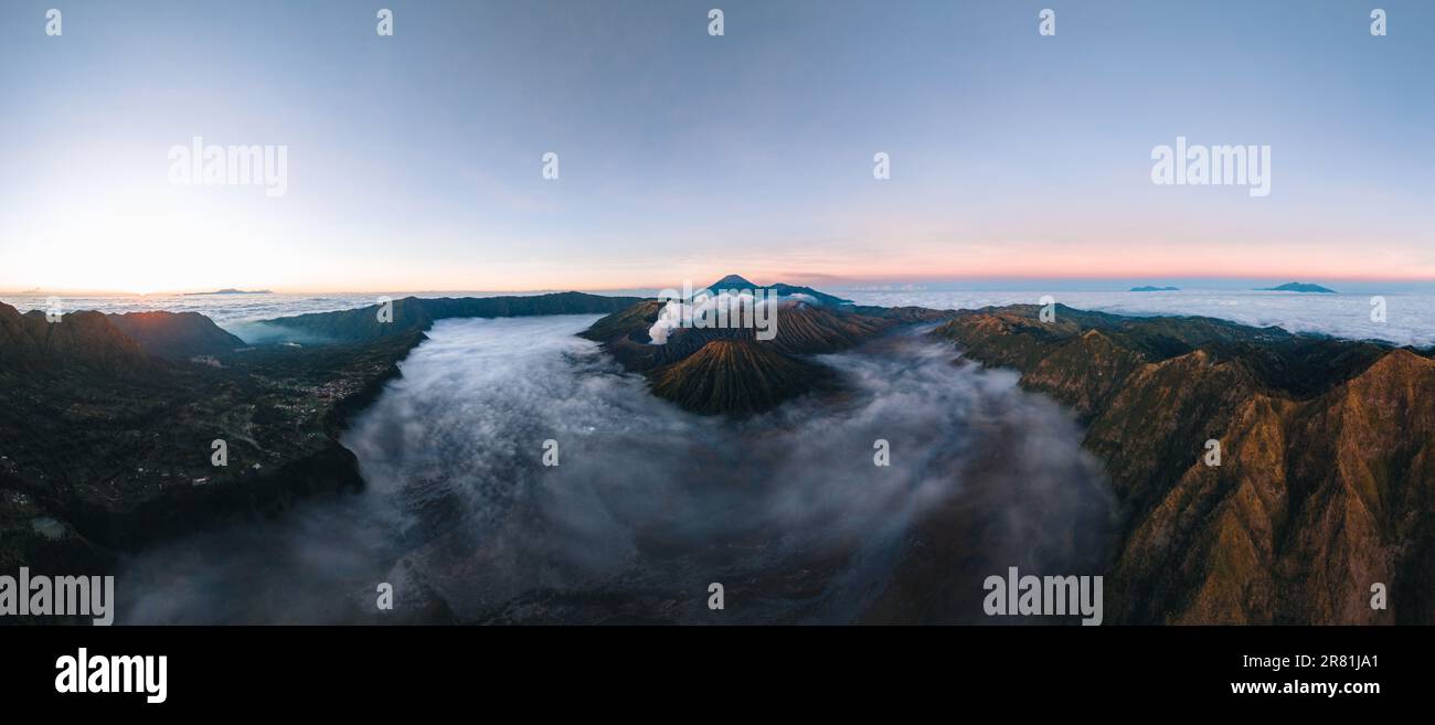 Aerial panoramic drone view of Bromo crater Mountain, East Java ...