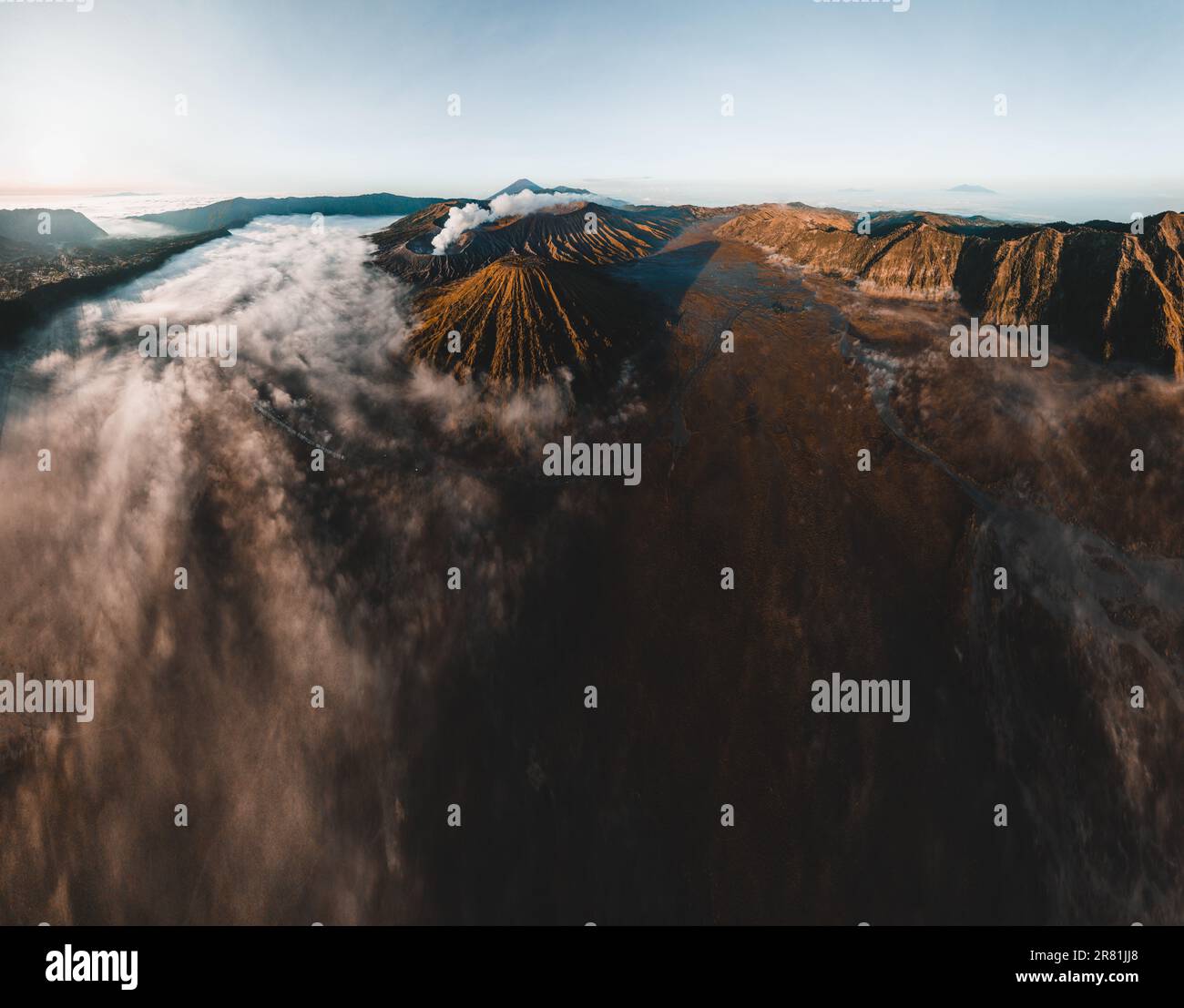 Aerial drone view of Bromo crater Mountain, East Java, Indonesia. man ...